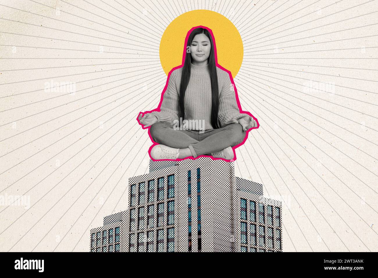 Photo collage illustration young sitting girl meditation yoga exercise ...