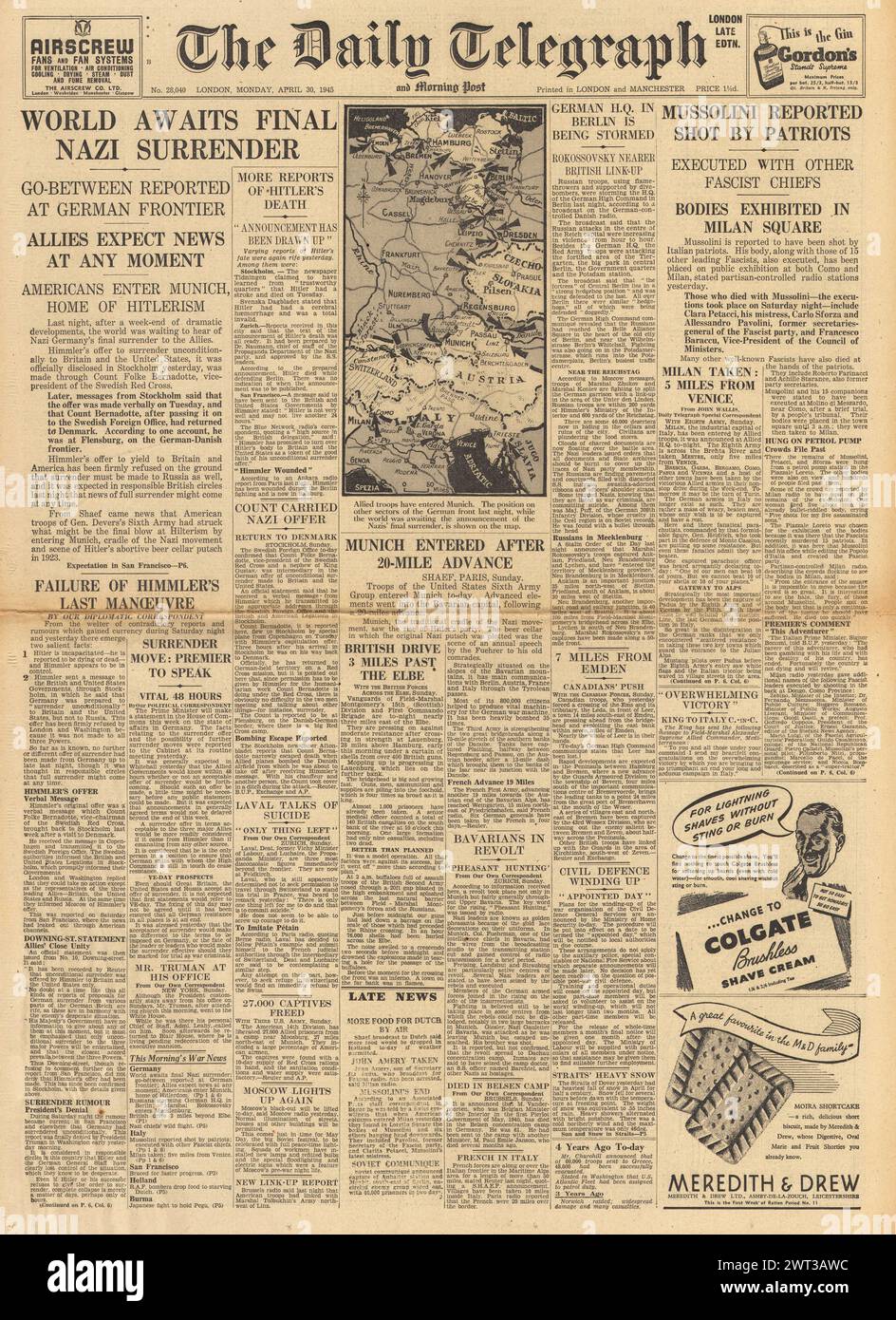 1945 The Daily Telegraph front page reporting German surrender expected ...