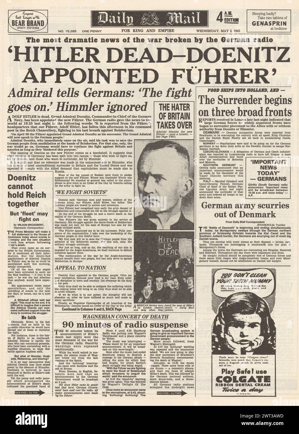 1945 Daily Mail front page reporting death of Adolf Hitler and Karl ...