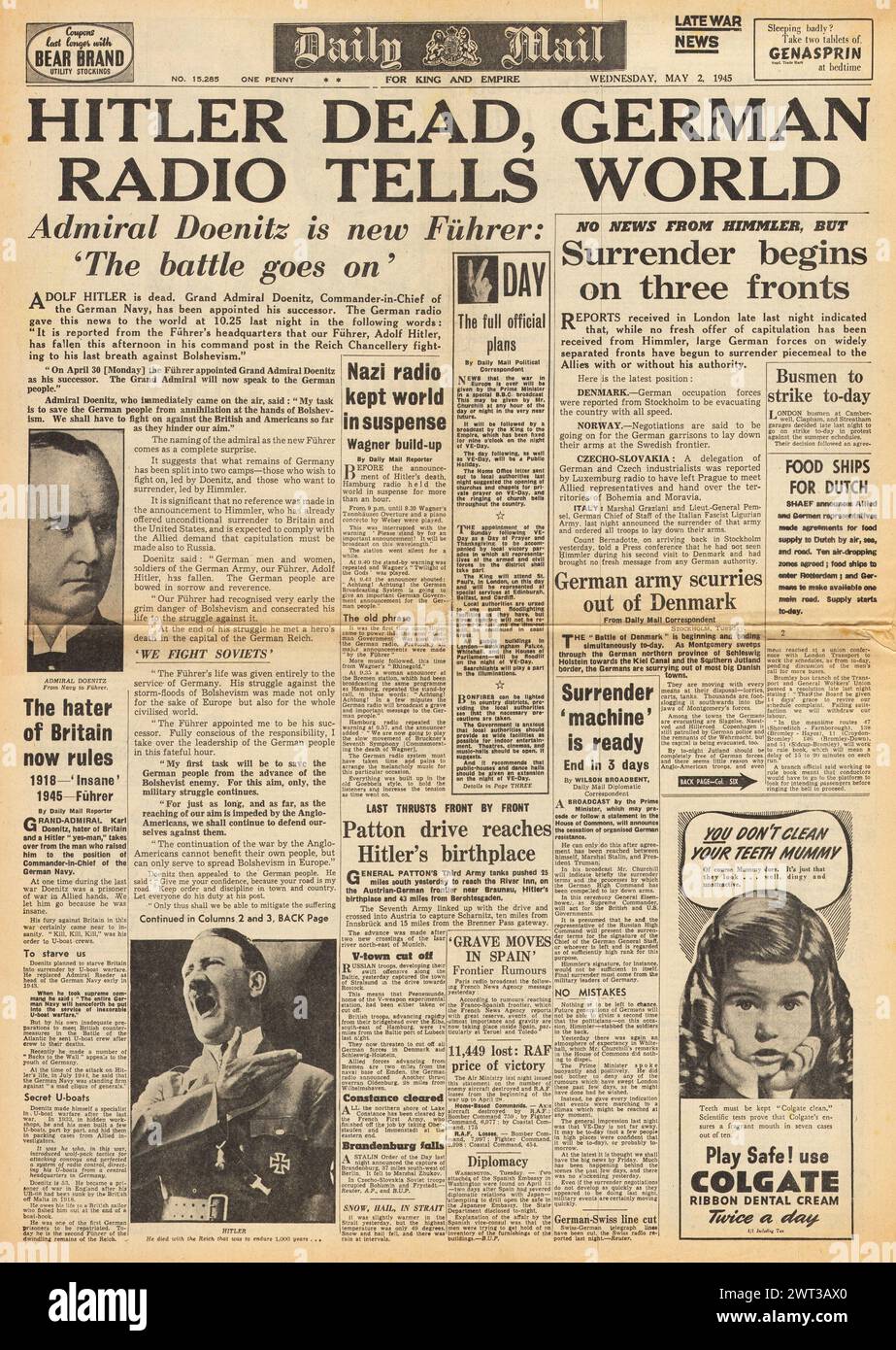 1945 Daily Mail front page reporting death of Adolf Hitler and Karl ...