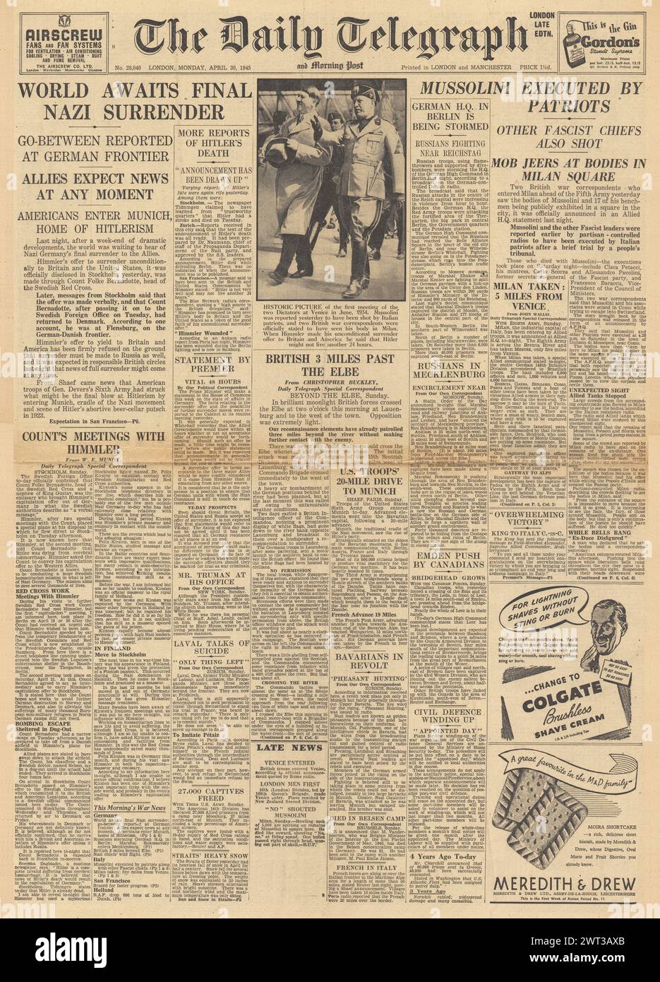 1945 The Daily Telegraph front page reporting German surrender expected ...