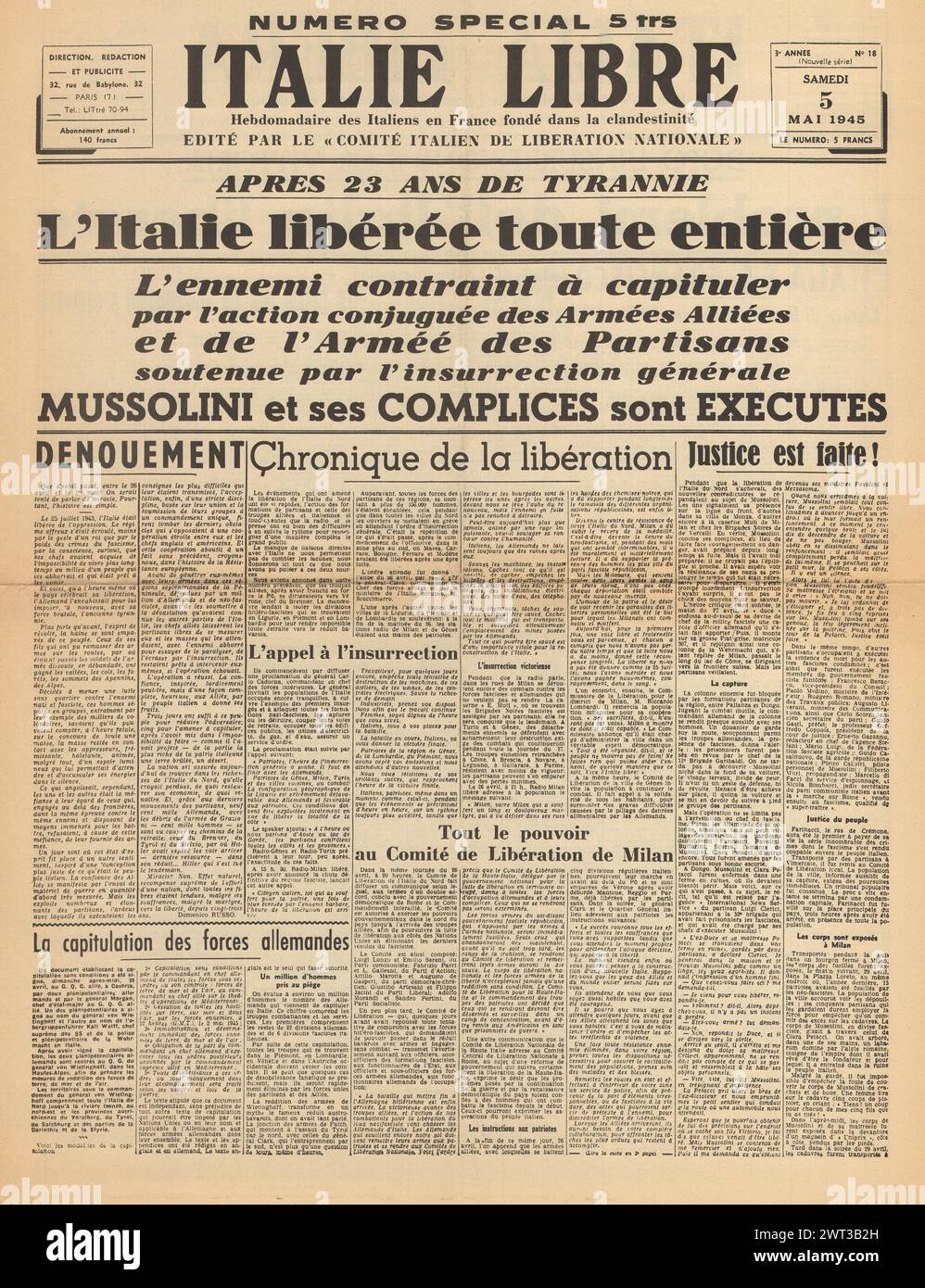 1945 Italie Libre front page reporting German forces surrender in Italy ...