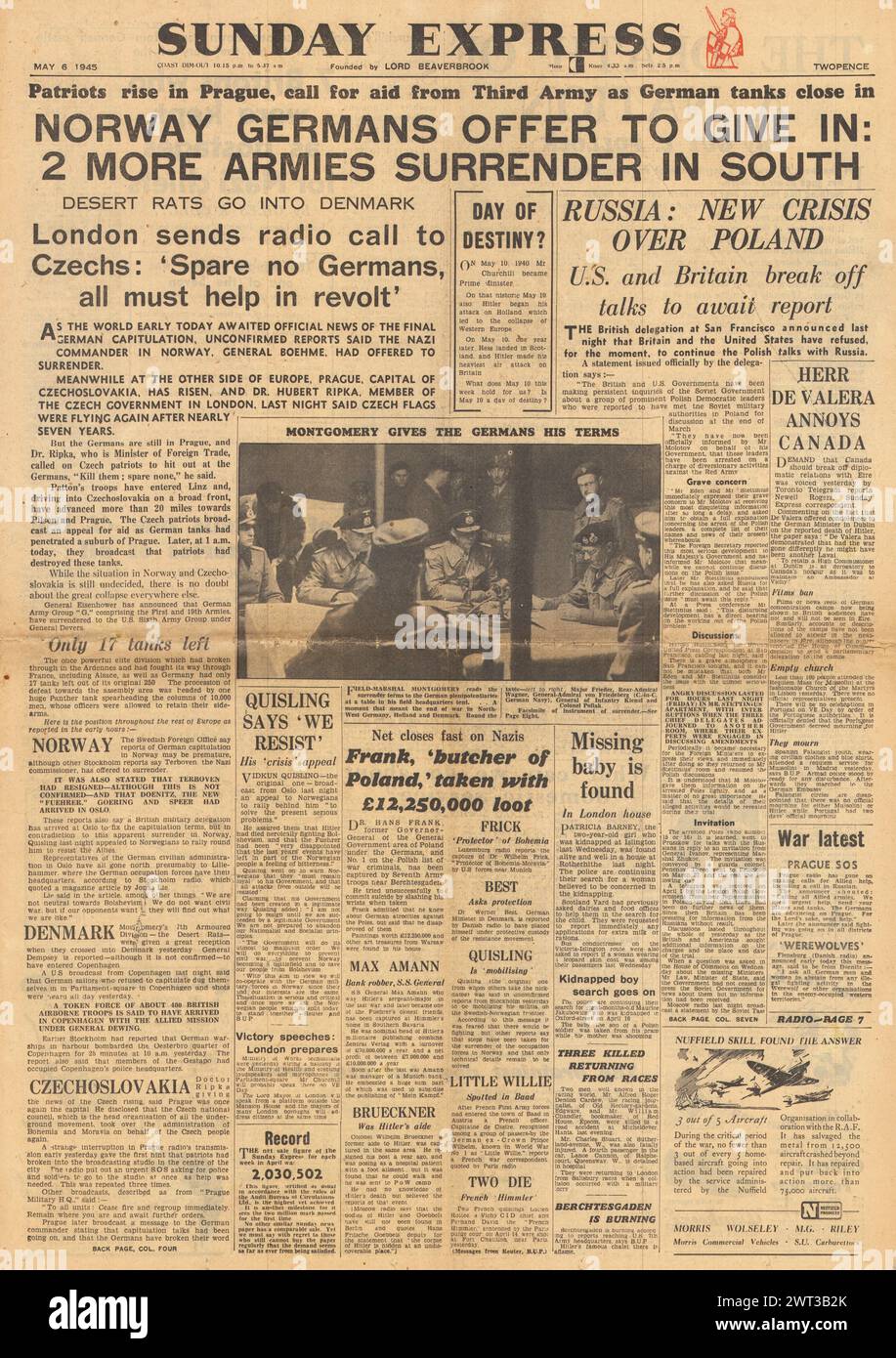 1945 Sunday Express front page reporting Germans surrender in Norway ...