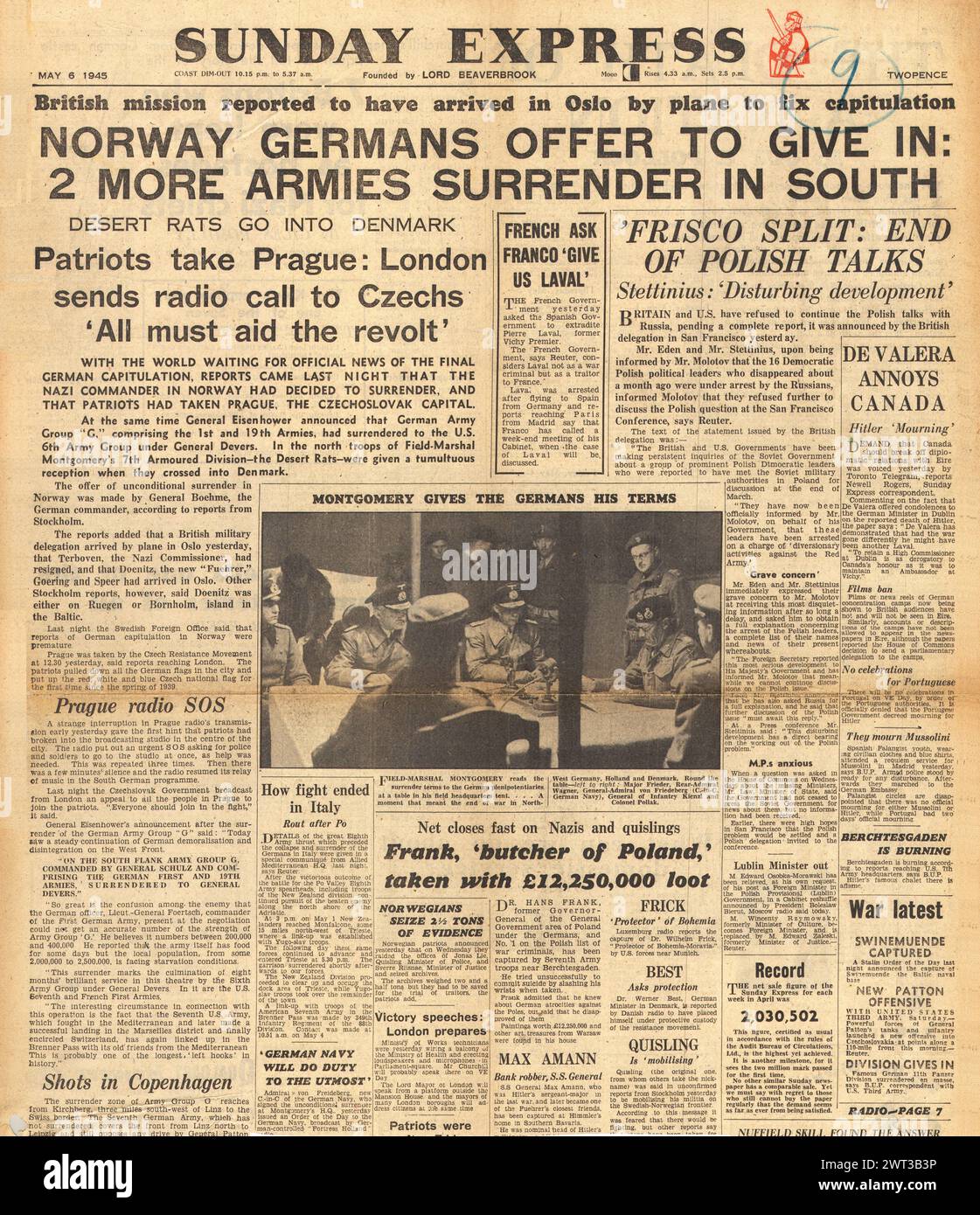 1945 Sunday Express front page reporting Germans surrender in Norway ...