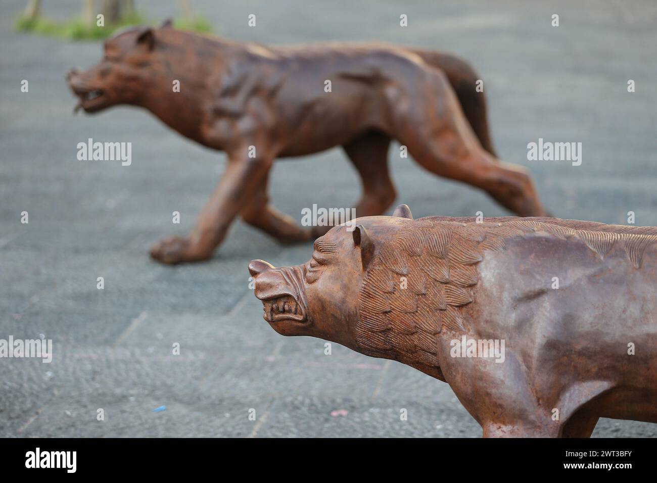 Detail of two wolves from the art installation of Liu Ruowang, in Town ...