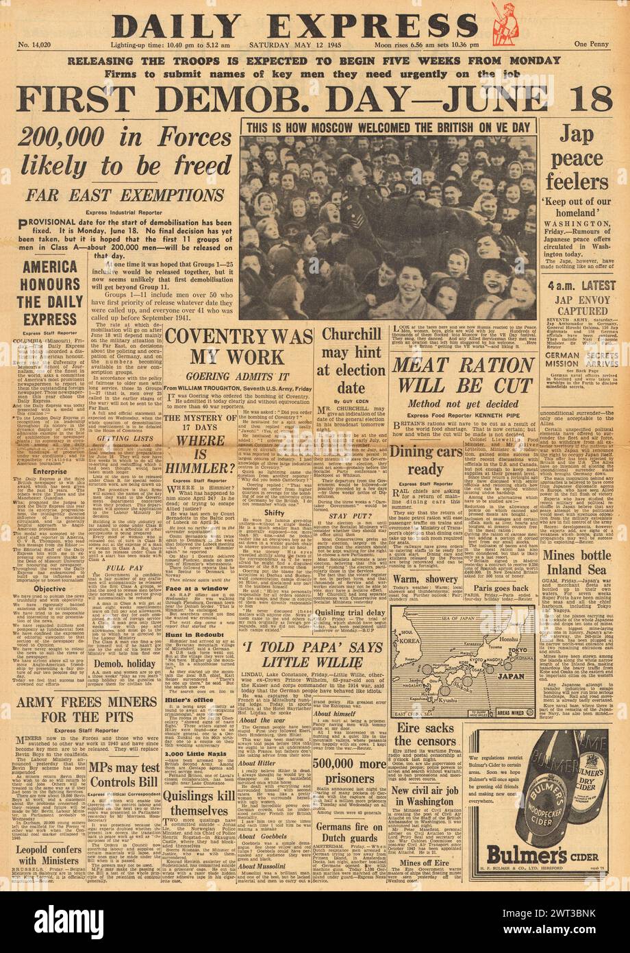 1945 Daily Express front page reporting Demobilisation date announced ...