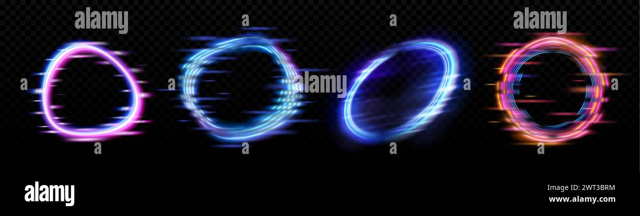 Neon glowing circle frame with glitch effect on black background ...