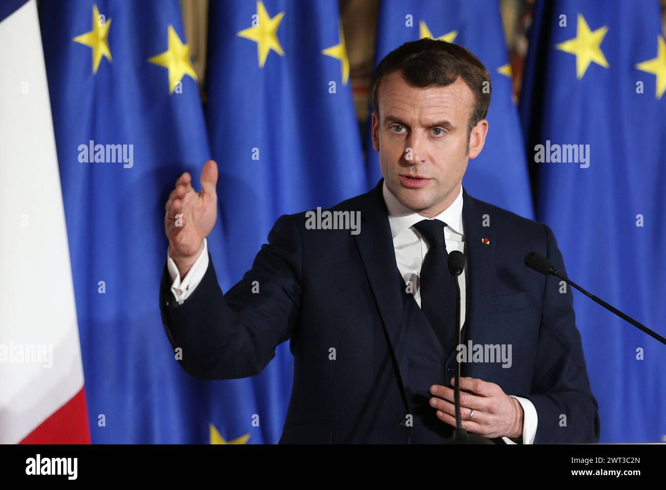 The French President, Emmanuel Macron, during the press conference for ...