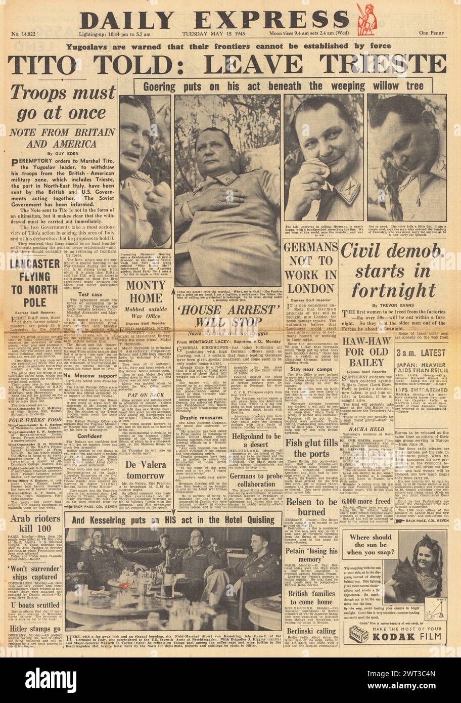 1945 Daily Express front page reporting Tito told to leave Trieste and ...