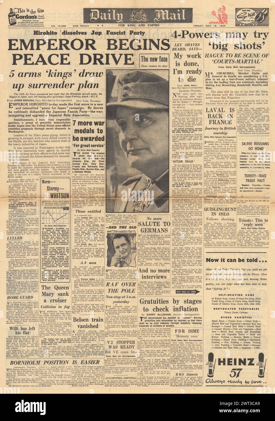 1945 Daily Mail front page reporting Emperor Hirohito begins peace ...