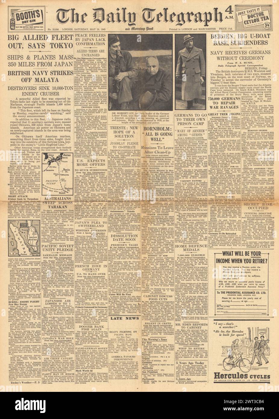 1945 The Daily Telegraph front page reporting Robert Ley under arrest ...