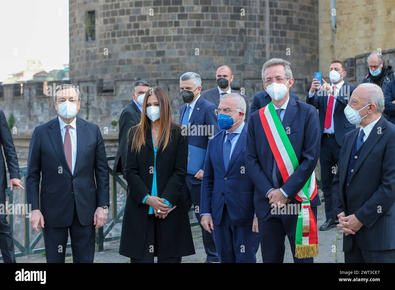 The Prime Minister, Mario Draghi (first from left), with the Mayor of ...