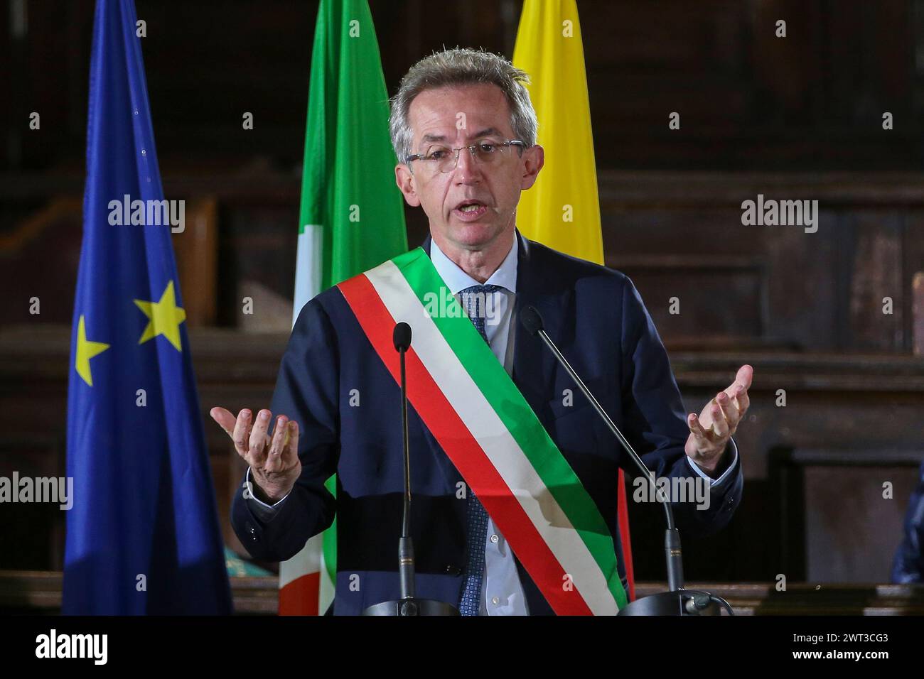 The mayor of Naples, Gaetano Manfredi, during the ceremony to sign the ...