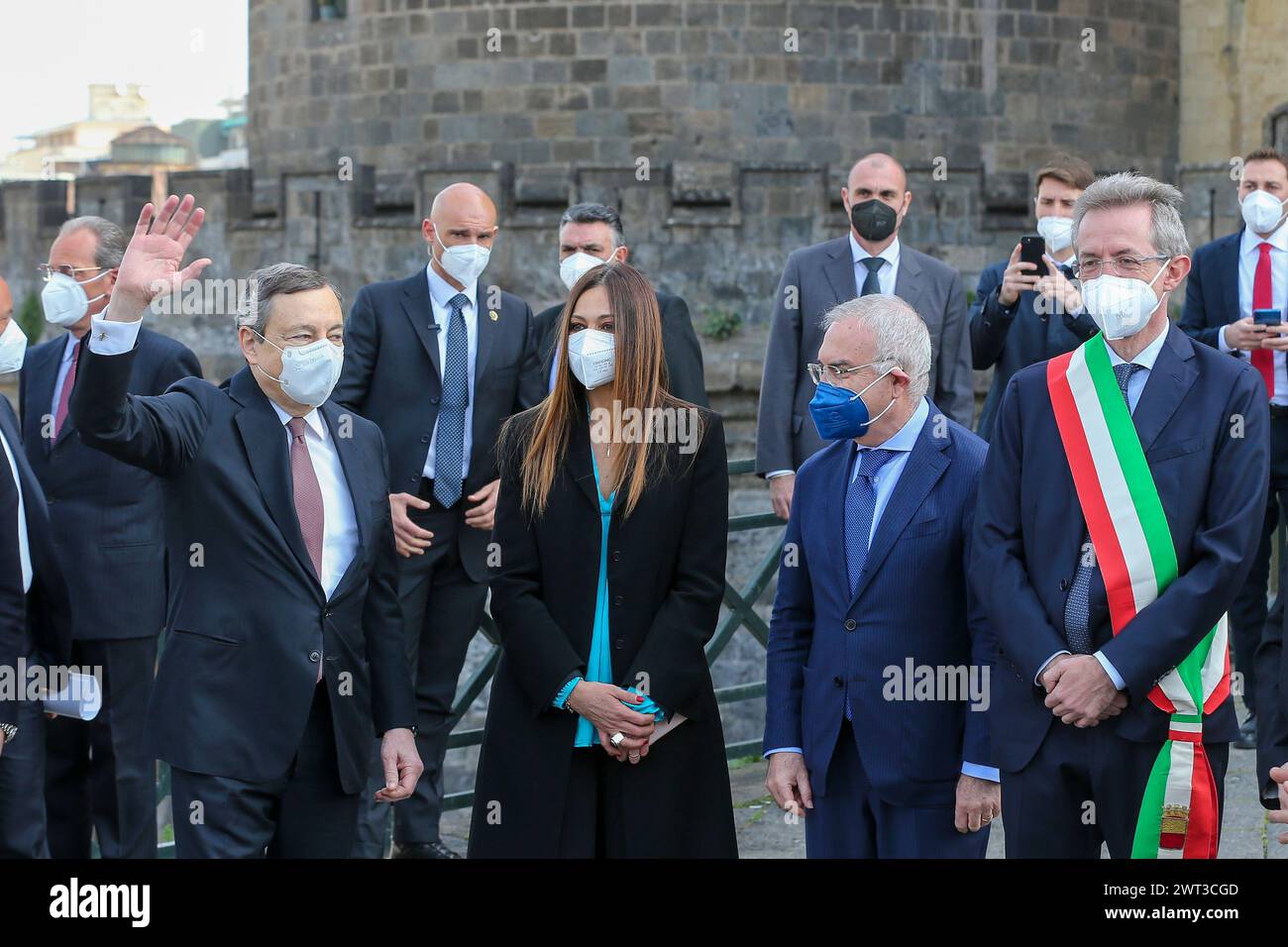 The Prime Minister, Mario Draghi (first from left), with the Mayor of ...