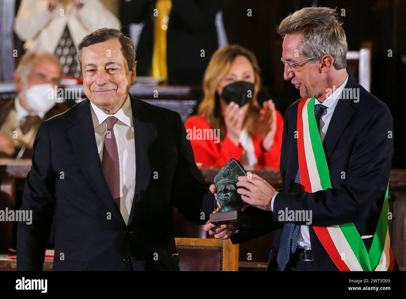 The Mayor of Naples Gaetano Manfredi, gives a statue of San Gennaro to ...