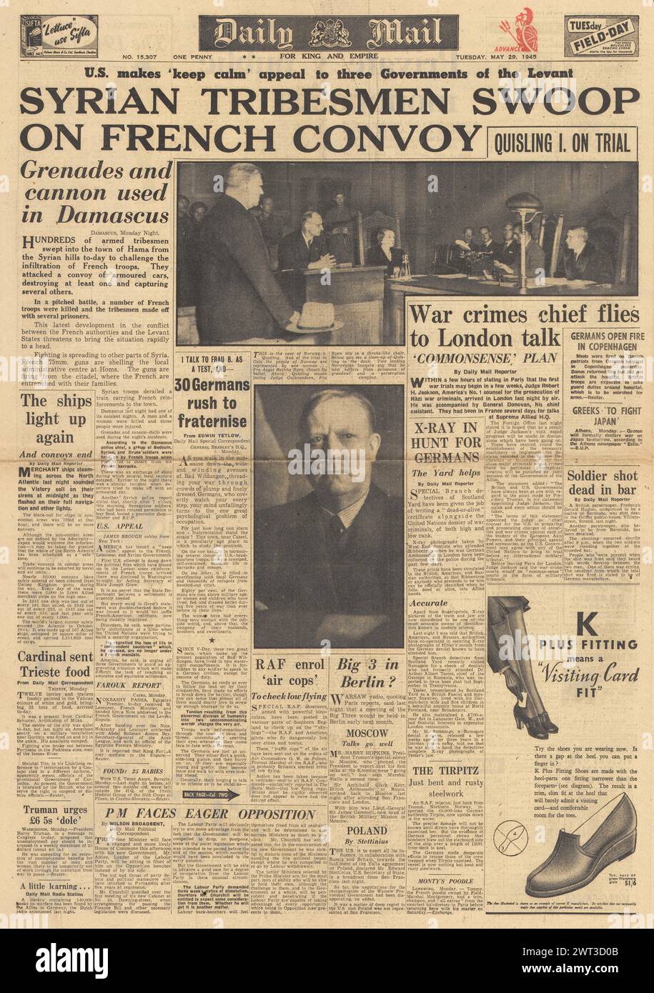 1945 Daily Mail front page reporting trial of Vidkun Quisling and ...