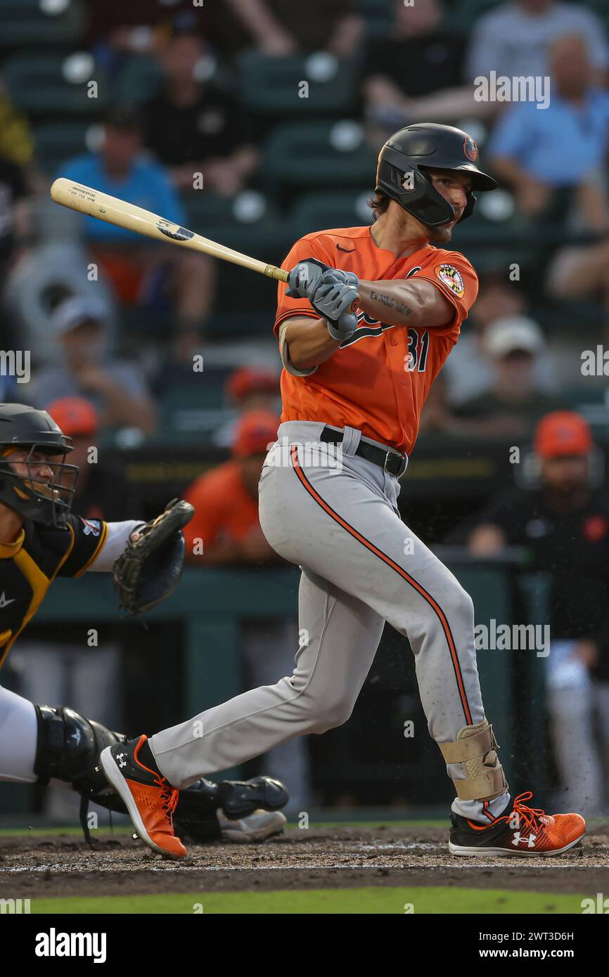 Bradenton, FL: Baltimore Orioles right fielder Dylan Beavers (31) at bat during an MLB spring ...