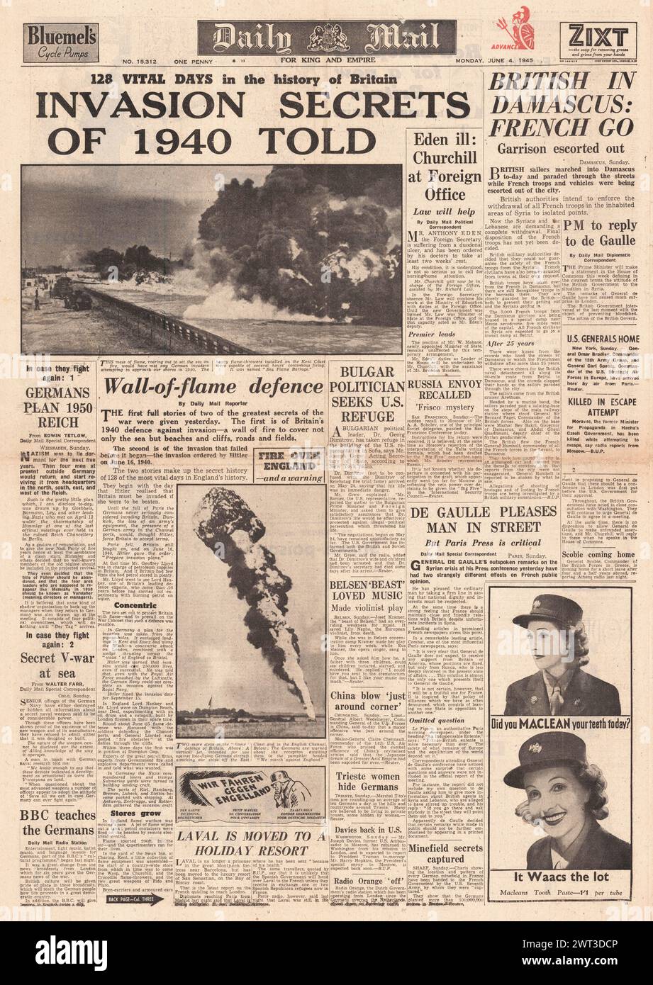 1945 Daily Mail front page reporting French forces quit Damascus and ...
