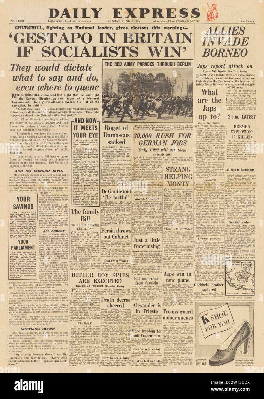 1945 Daily Express front page reporting Gestapo in Britain says ...