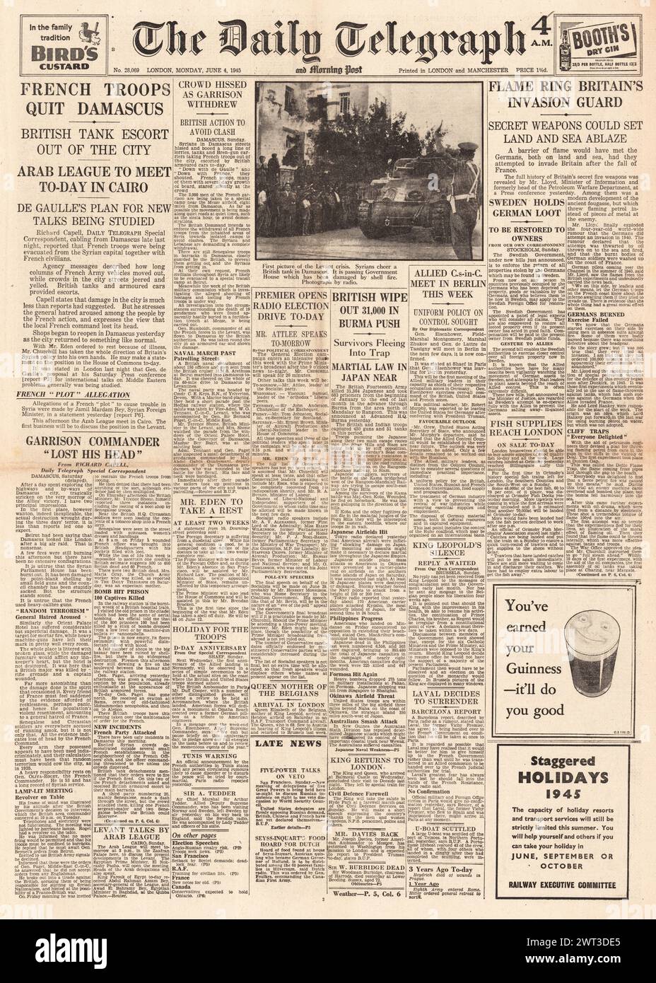 1945 The Daily Telegraph front page reporting French forces quit ...