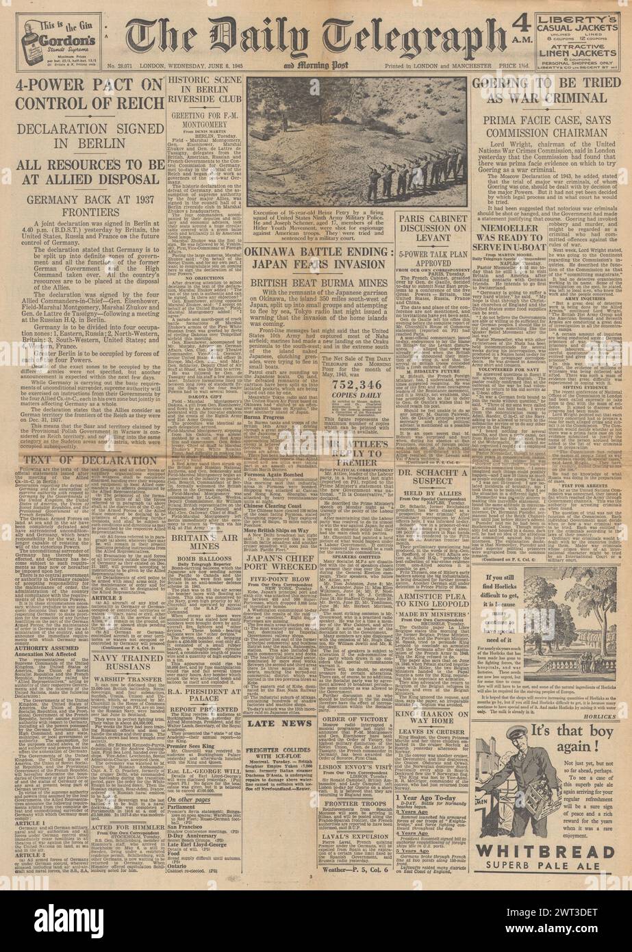 1945 The Daily Telegraph front page reporting Germany divided into four ...