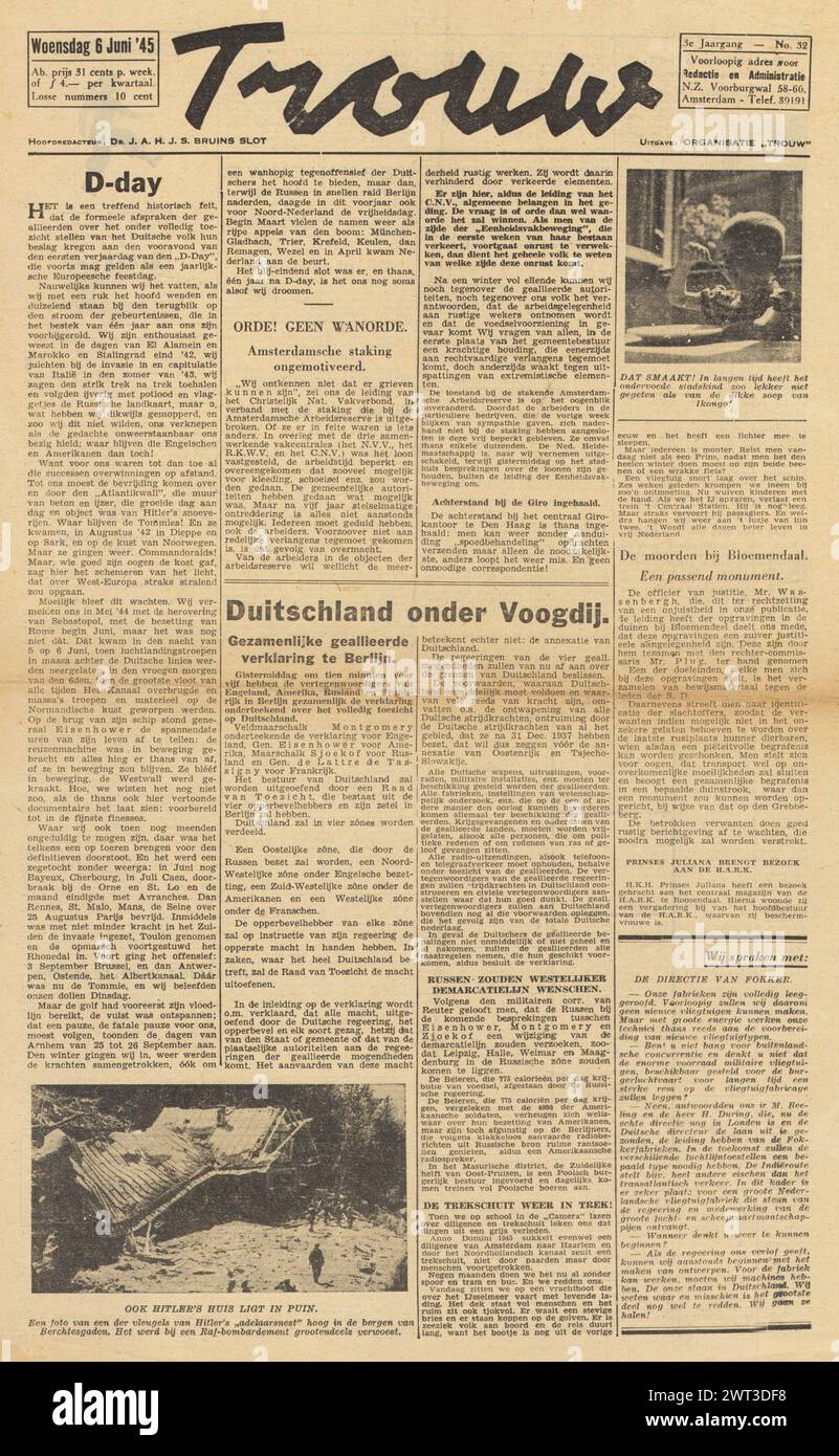 1945 Trouw front page reporting Germany under Allied control Stock ...