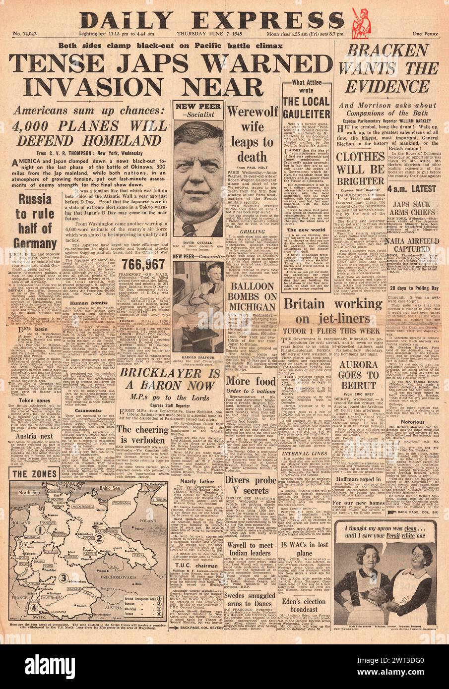 1945 Daily Express front page reporting Japan warned of Allied invasion ...