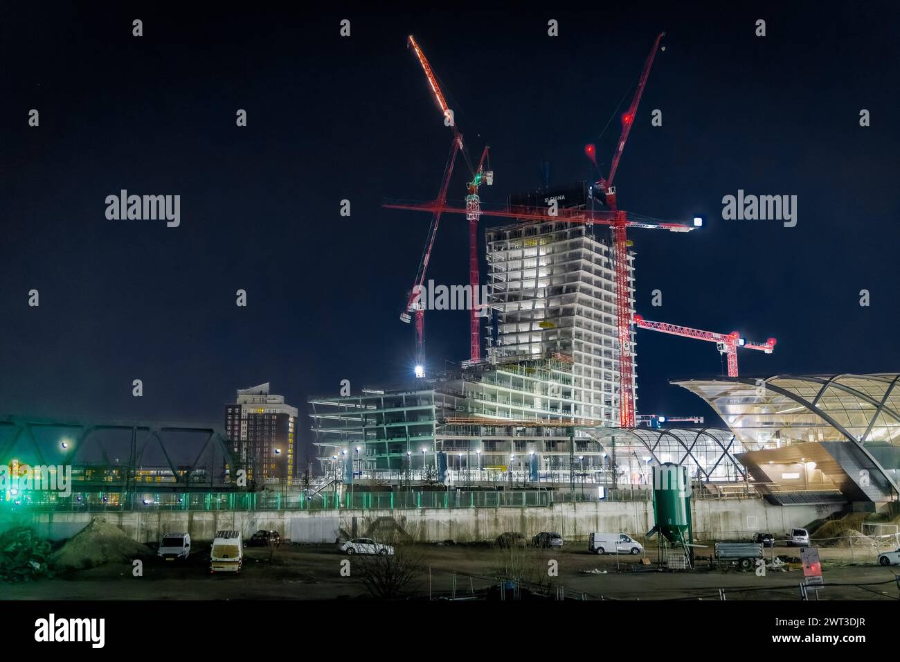 Hamburg, Germany. 14th Mar, 2024. Night-time view of the Elbtower ...