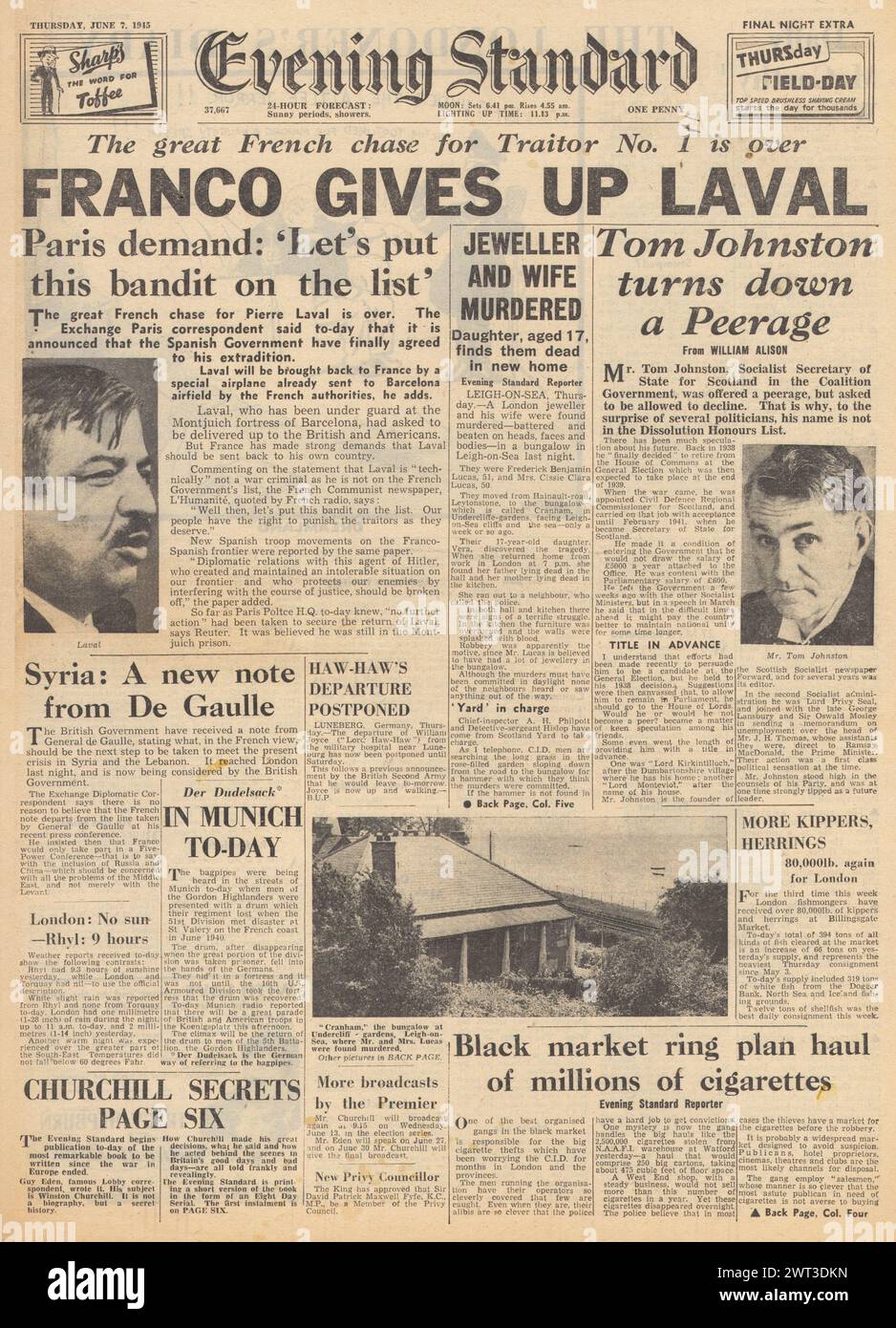 1945 Evening Standard front page reporting Franco extradites Pierre ...