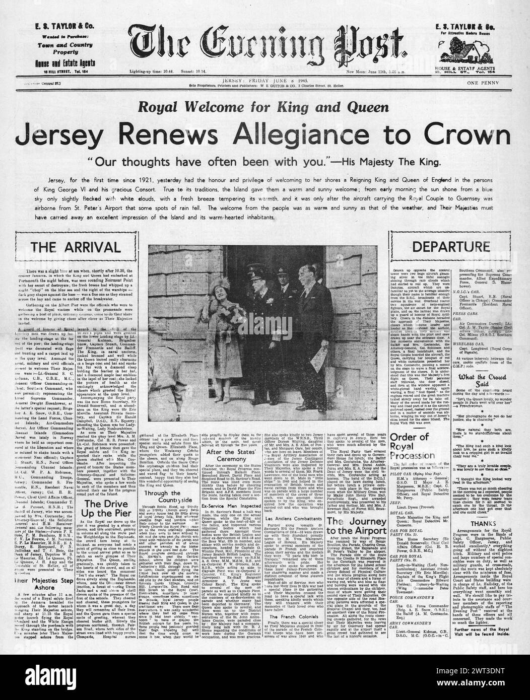 1945 The Evening Post front page reporting King and Queen visit Channel ...