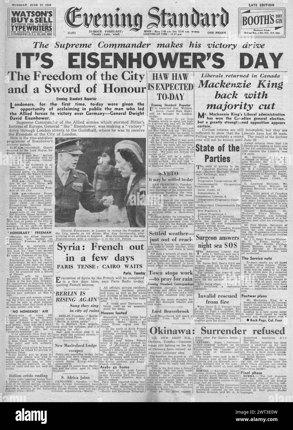 1945 Evening Standard front page reporting Eisenhower welcomed in ...