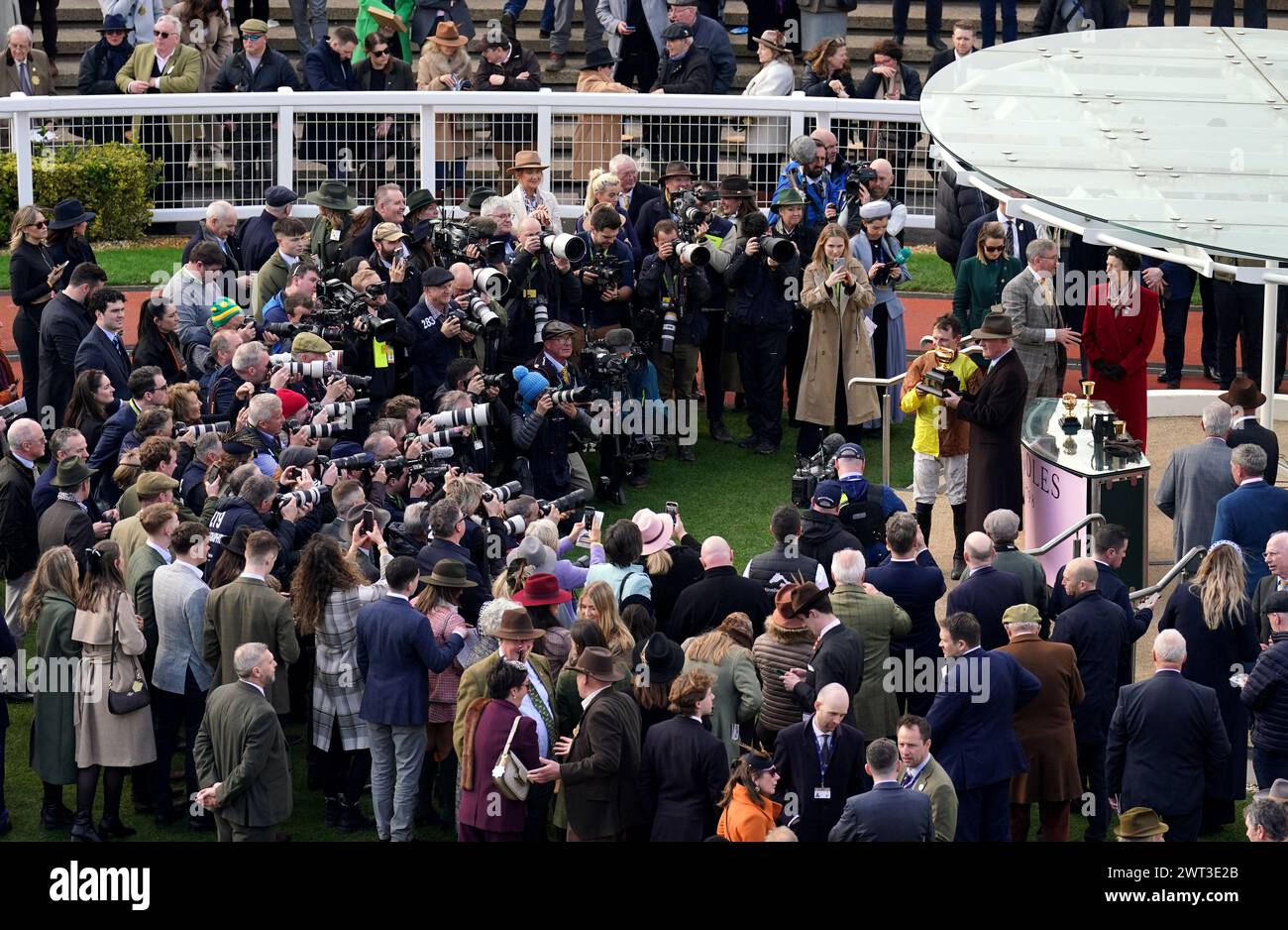 Paul Townend and trainer Willie Mullins with the Gold Cup Trophy after ...