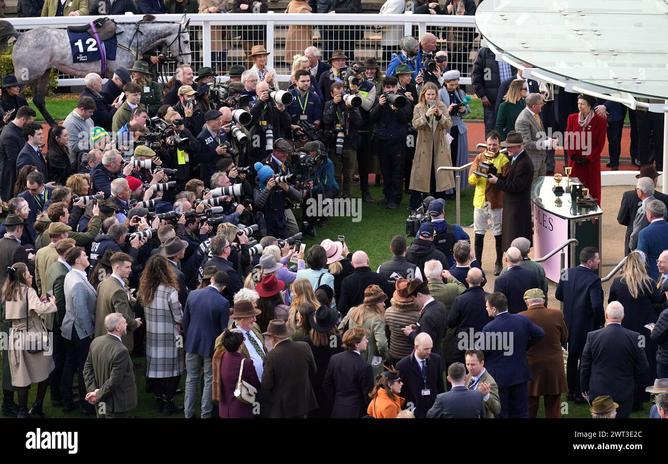 Paul Townend and trainer Willie Mullins with the Gold Cup Trophy after ...