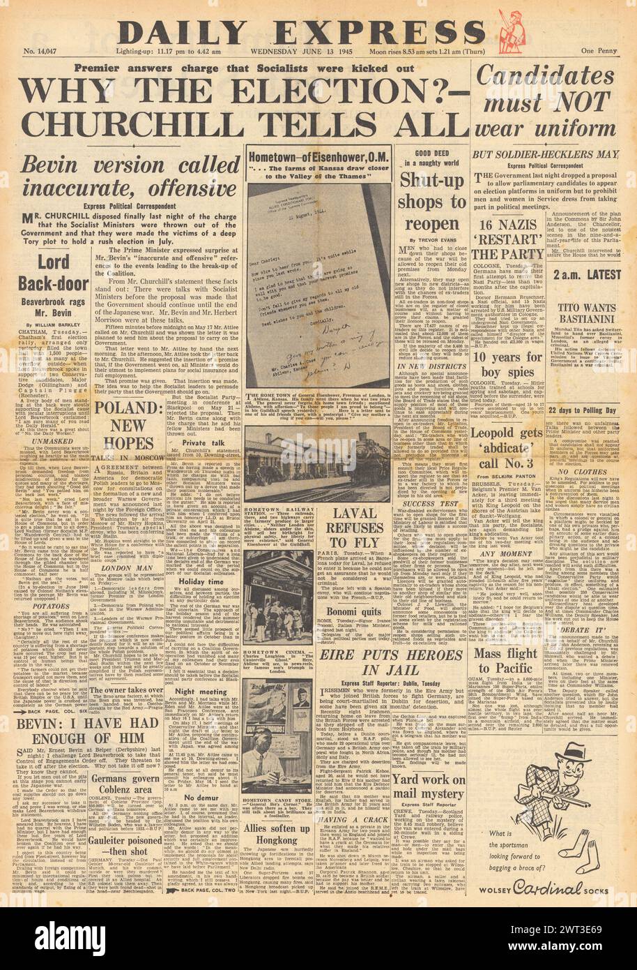 1945 Daily Express front page reporting British General Election Stock ...