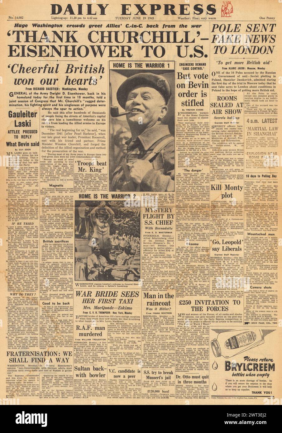 1945 Daily Express front page reporting Eisenhower tells America to ...