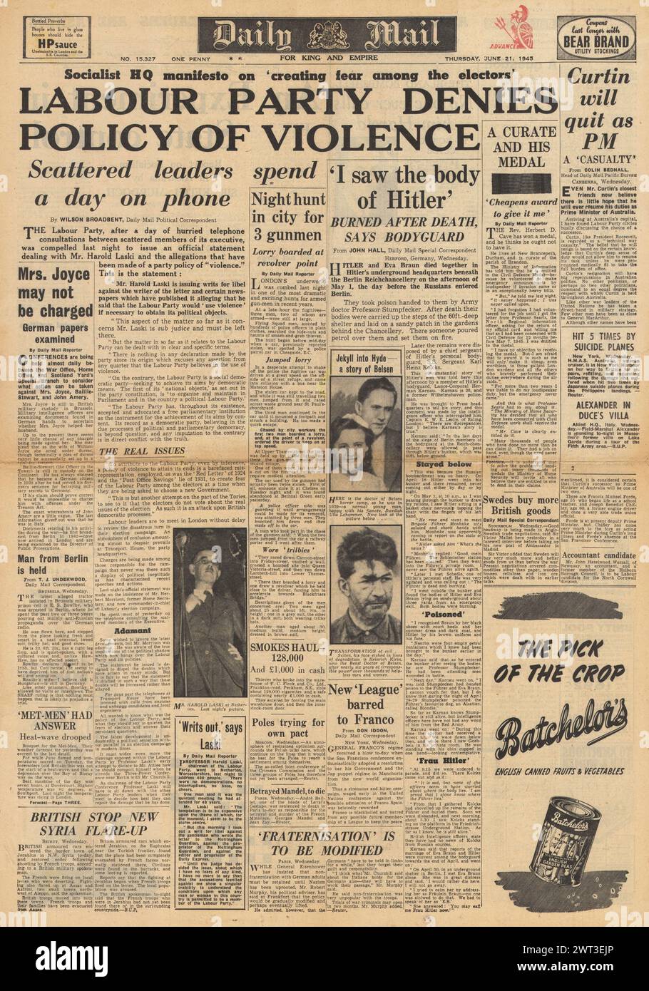 1945 Daily Mail front page reporting General Election and Harold Laski ...