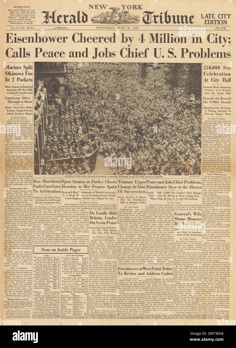 1945 New York Herald Tribune front page reporting Eisenhower cheered in ...
