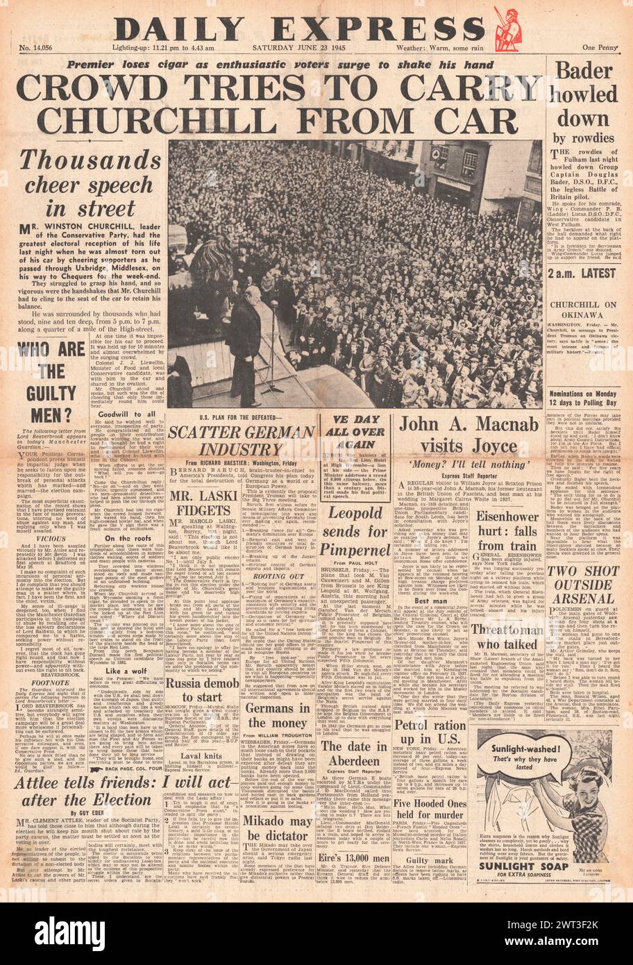 1945 Daily Express front page reporting Churchill Election campaigning ...