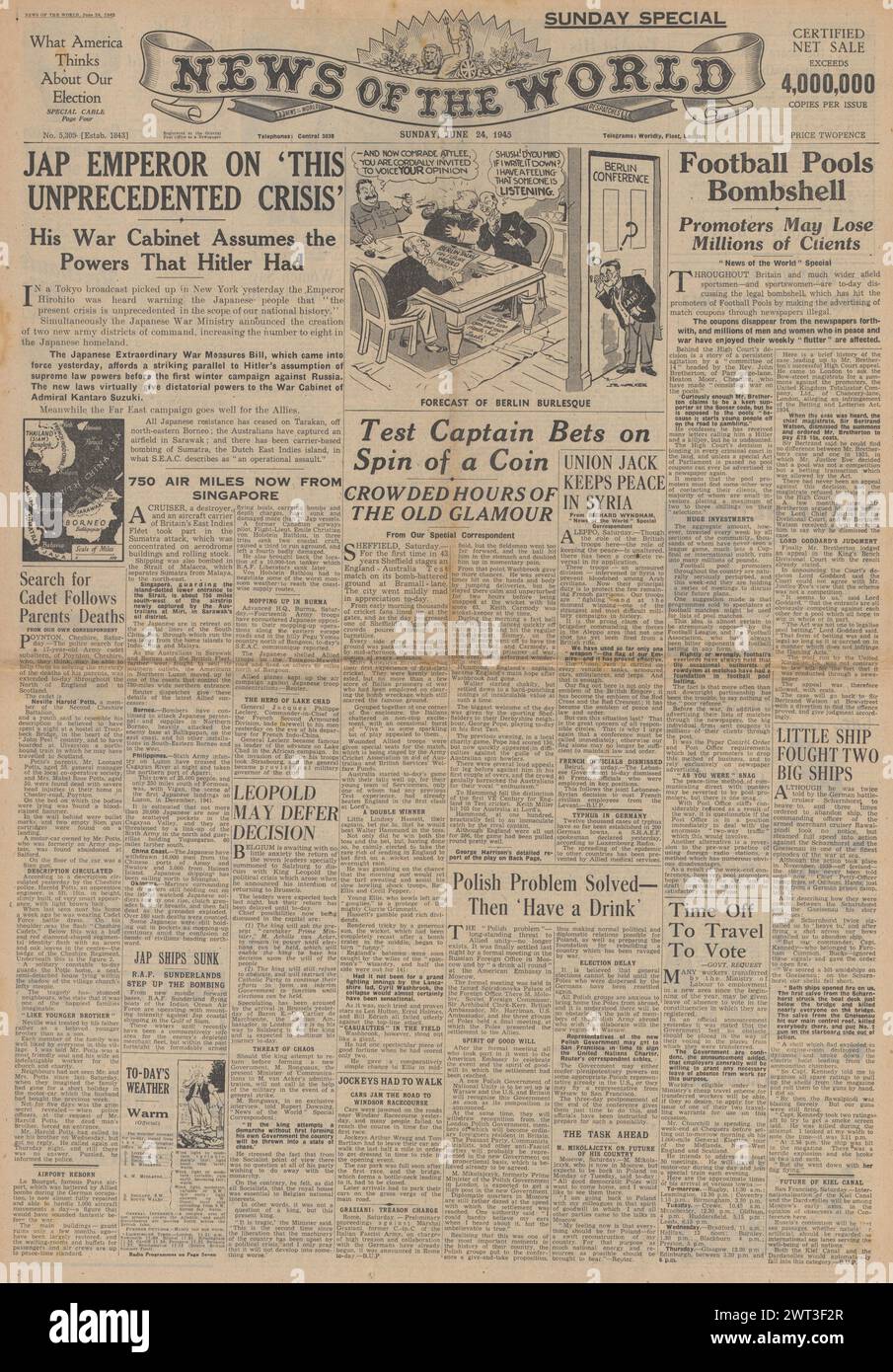 1945 News Of The World front page reporting Hirohito says Japan faces ...