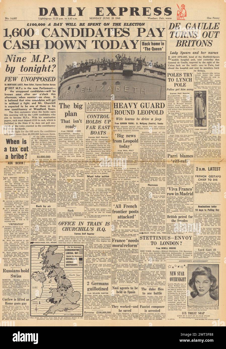1945 Daily Express front page reporting General Election campaign Stock ...
