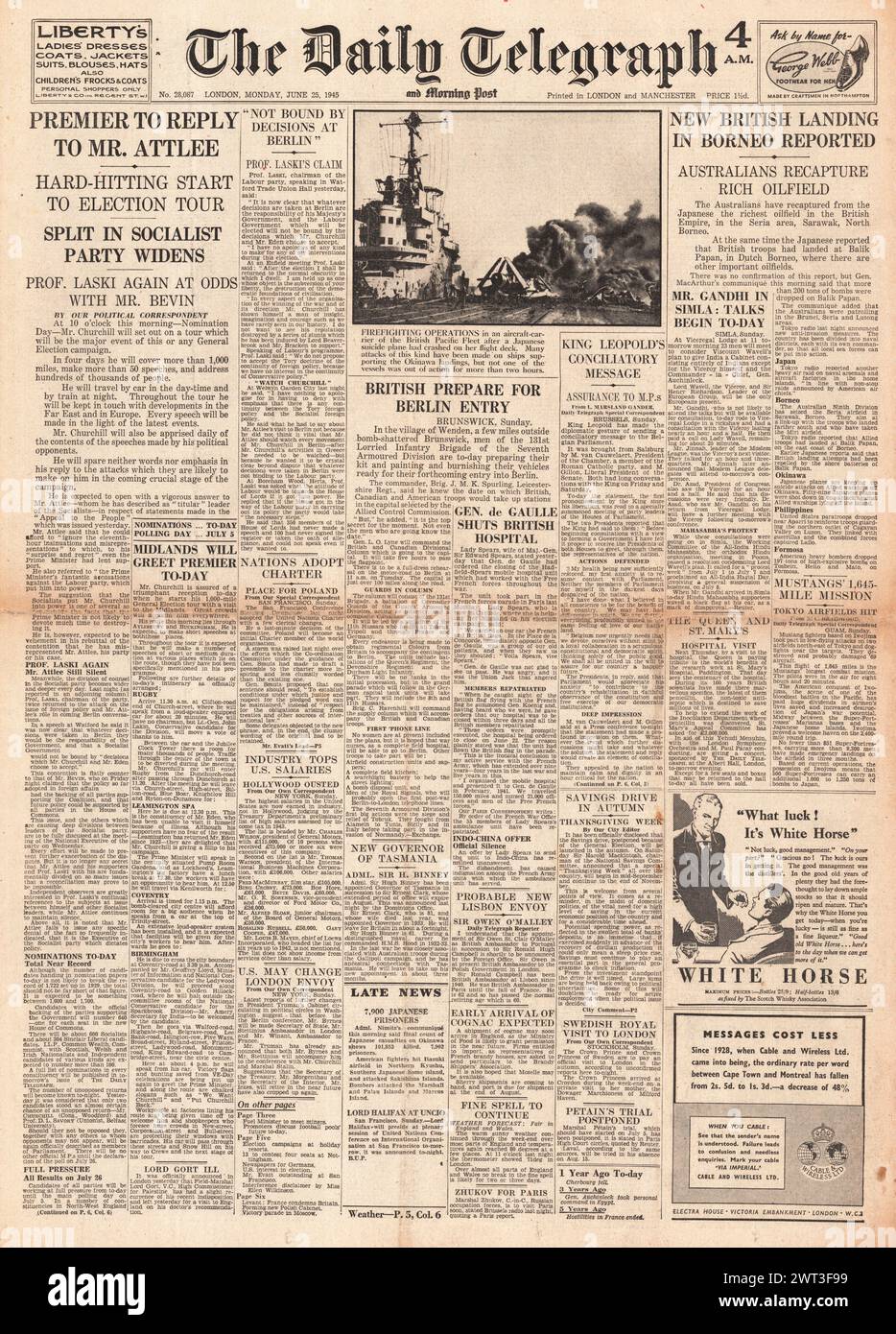 1945 The Daily Telegraph front page reporting General Election, new ...