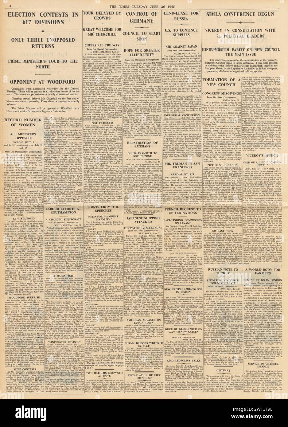 1945 The Times reporting Churchill election campaigning, Battle for ...