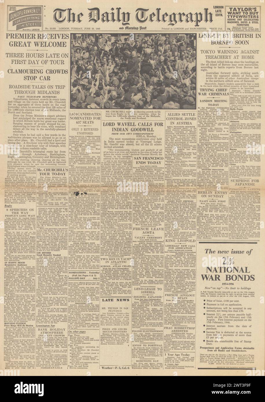 1945 The Daily Telegraph front page reporting Churchill election ...