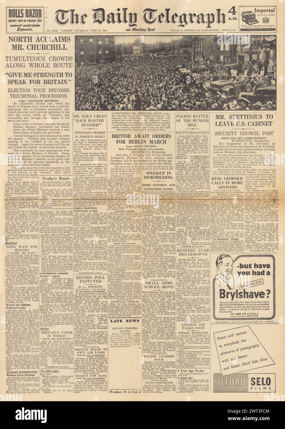 1945 The Daily Telegraph front page reporting Churchill election ...