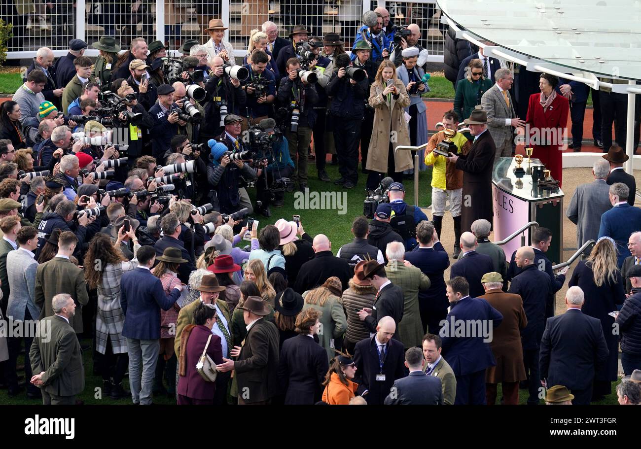 Paul Townend and trainer Willie Mullins with the Gold Cup Trophy after ...