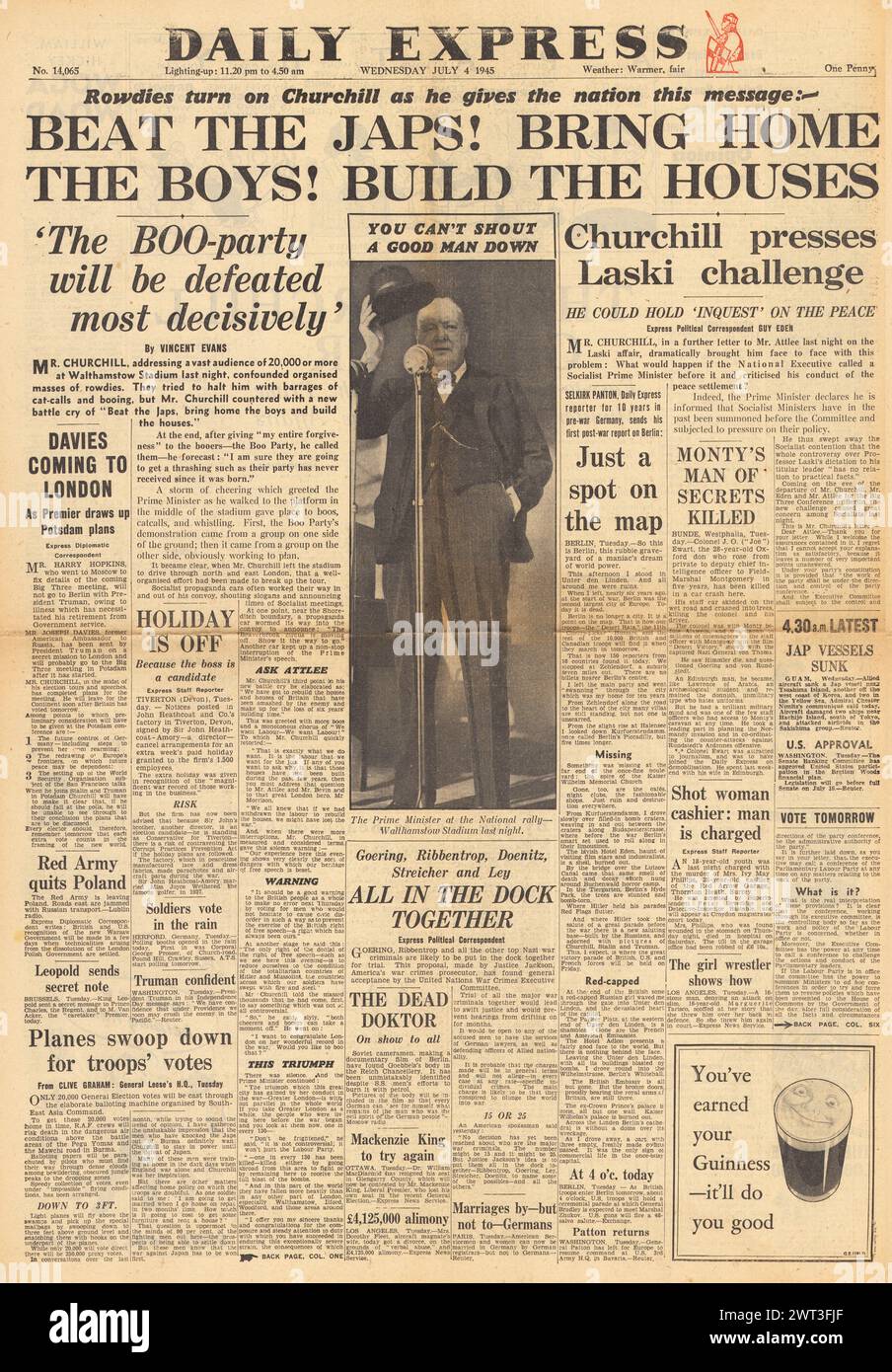 1945 Daily Express front page reporting Churchill on Election Campaign ...