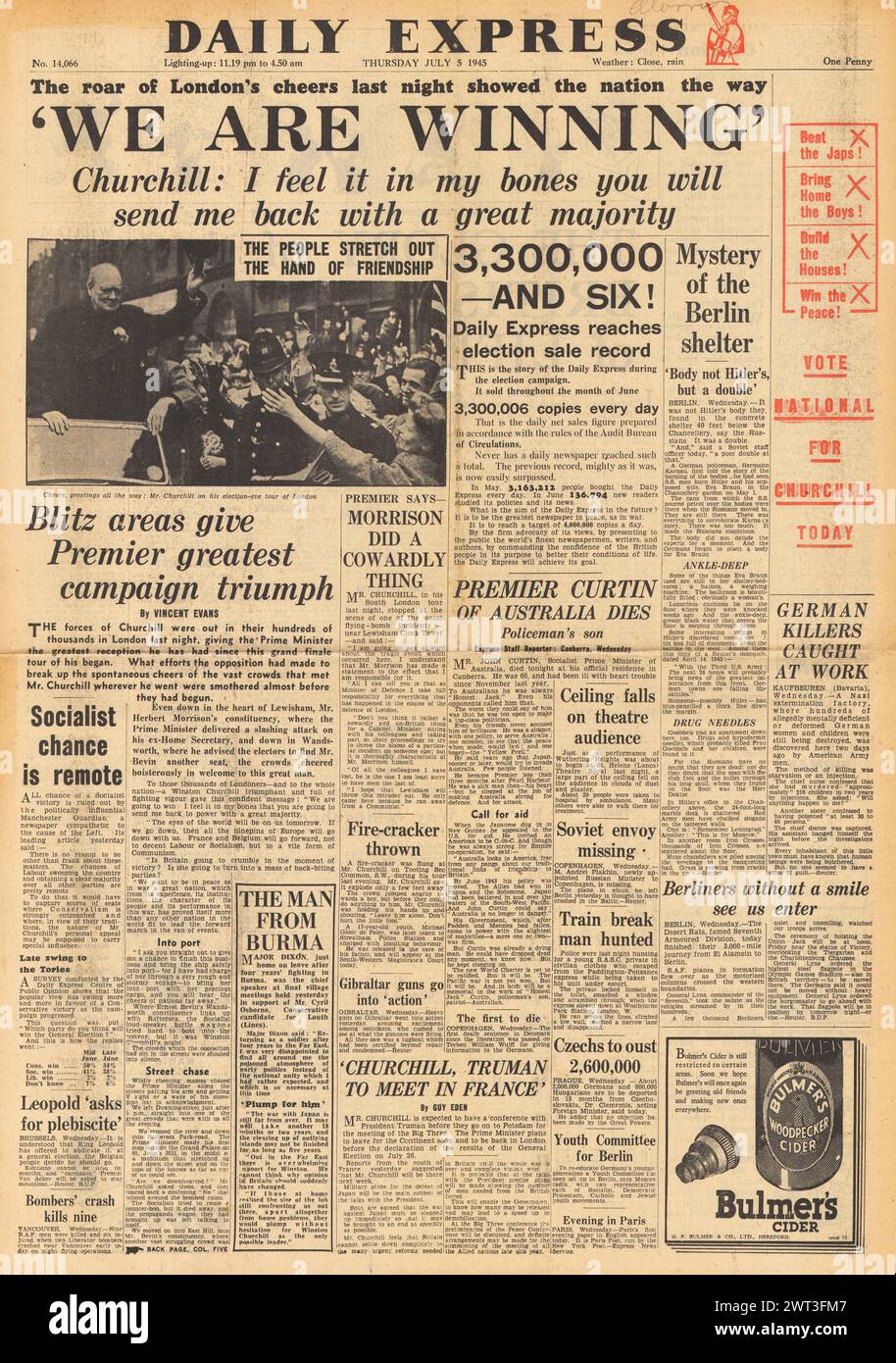 1945 Daily Express front page reporting General Election campaign and ...