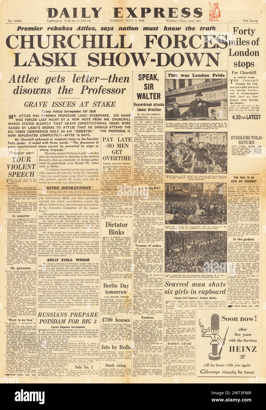 1945 Daily Express front page reporting General Election campaign Stock ...