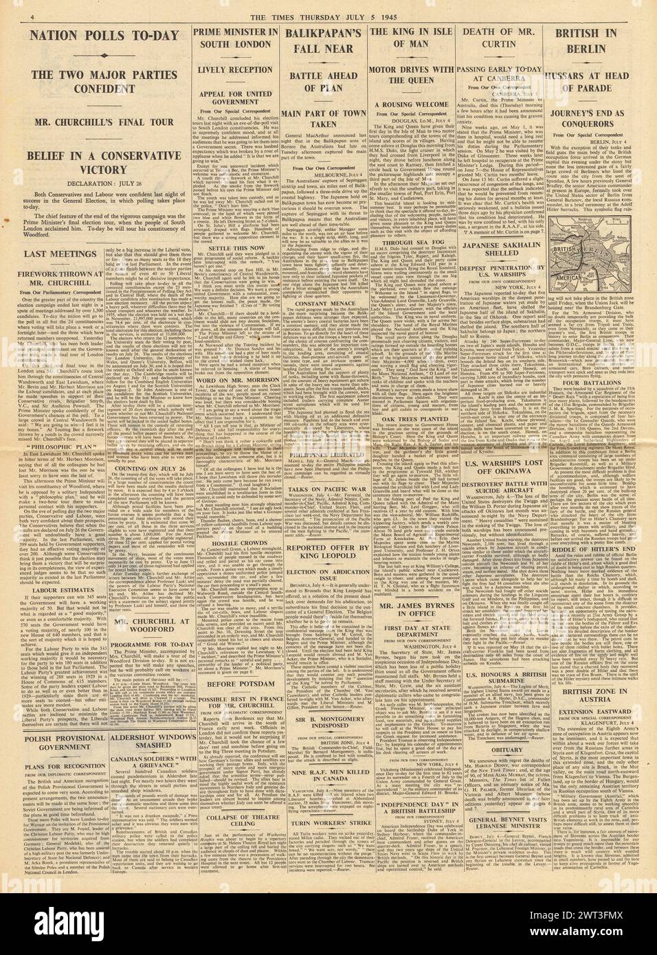 1945 The Times reporting General Election campaign, Death of Australian ...