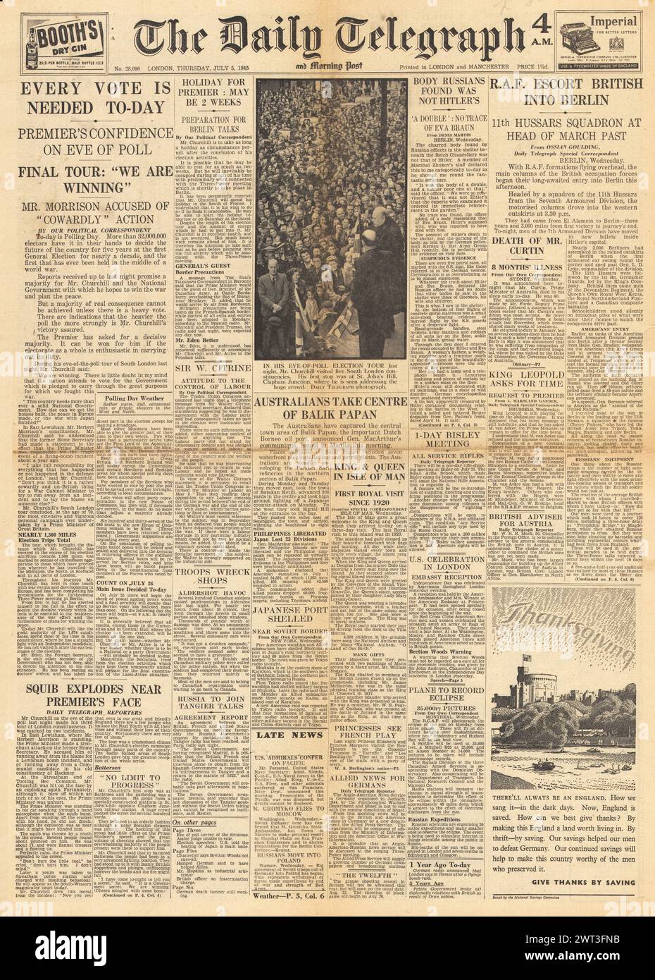 1945 The Daily Telegraph front page reporting General Election campaign ...